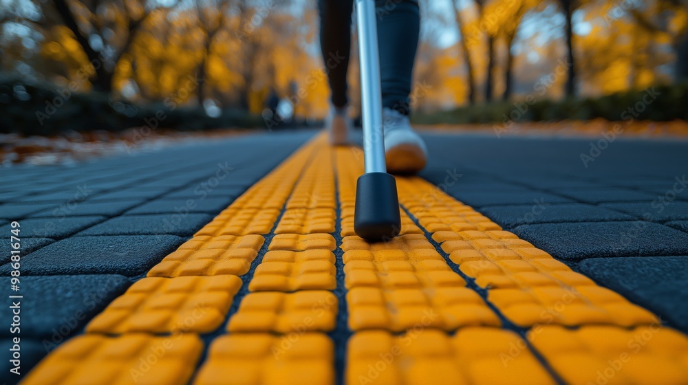 Visually Impaired Person Walking on Paved Path Using White Cane for ...