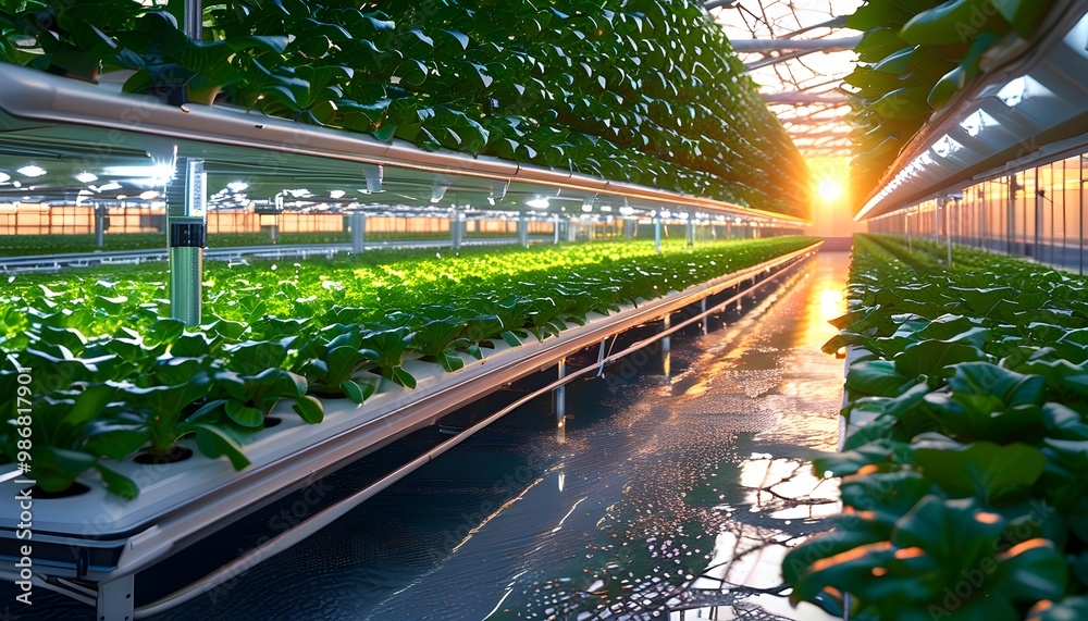 Futuristic indoor farm basking in sunset glow, featuring vibrant green ...