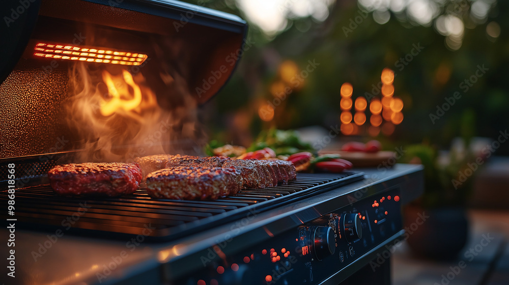 a sleek electric grill in augmented reality, displaying cooking presets ...