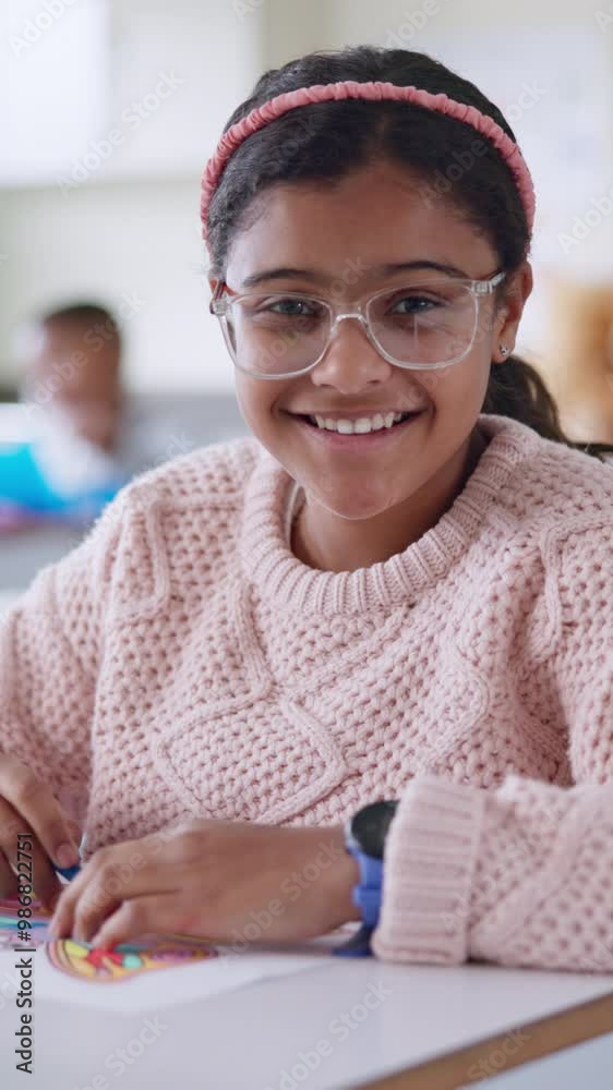 Girl, child and portrait for coloring in classroom, creative test and ...