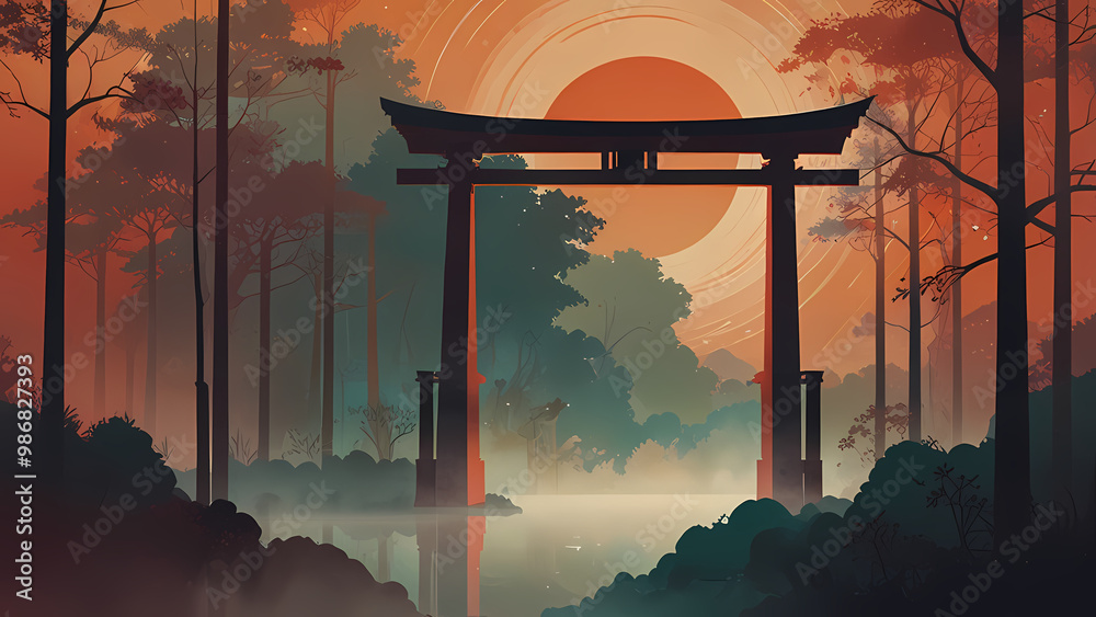 abstract representation of a Torii gate surrounded by ethereal light ...