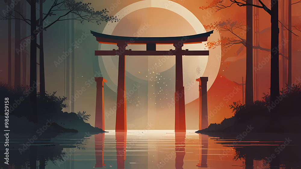 abstract representation of a Torii gate surrounded by ethereal light ...