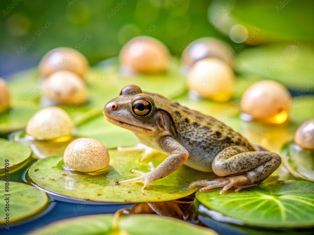 Tiny tadpole swims in water surrounded by eggs, its tail dwindling as ...