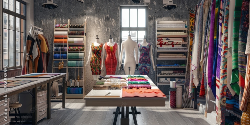 Elegant fashion designer studio with stylish mannequins, vibrant fabric ...