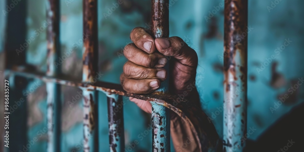 Image of a hand of a prisoner clenching the cold metal bars of a jail ...