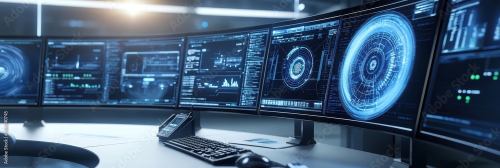 A futuristic smart grid control room with multiple monitors displaying ...