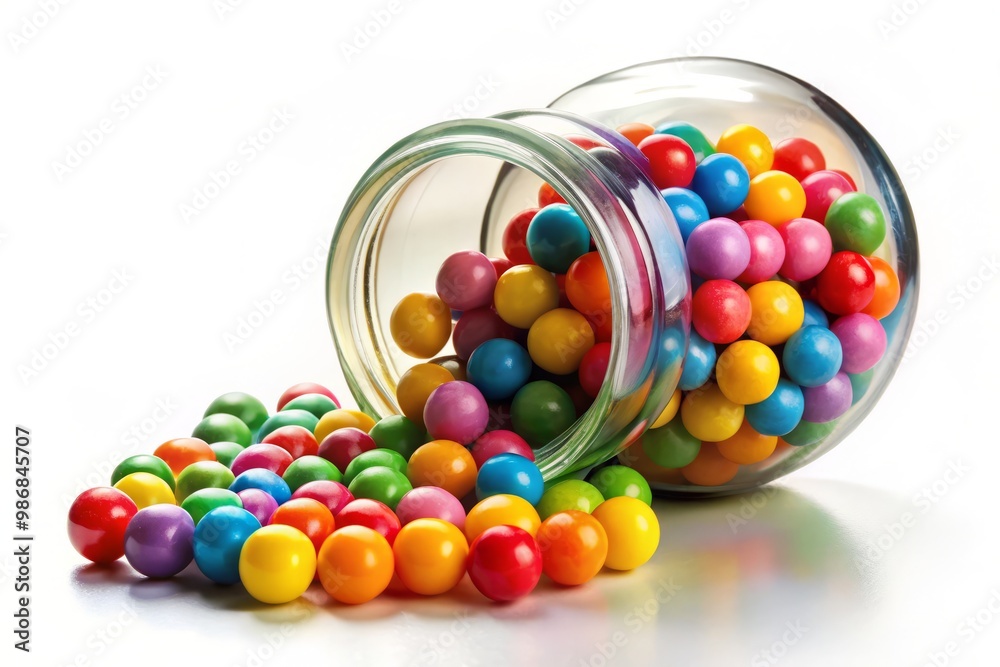 Vibrant gumballs erupt from a transparent jar, scattering across a ...