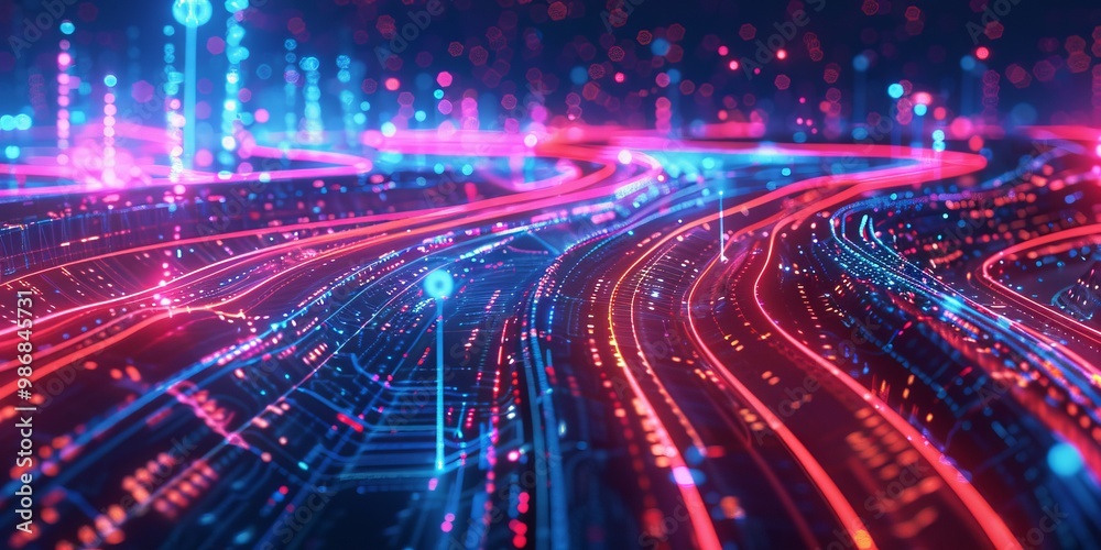 A high-tech digital roadmap visualized with bright, glowing lines and ...