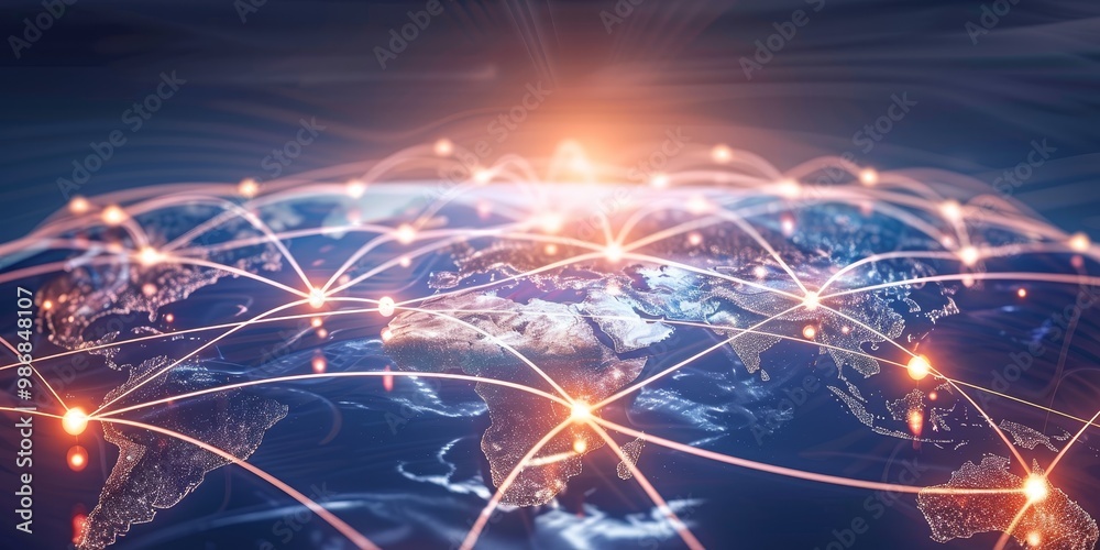 Stylized image of a WAN symbol bridging continents through a network of ...