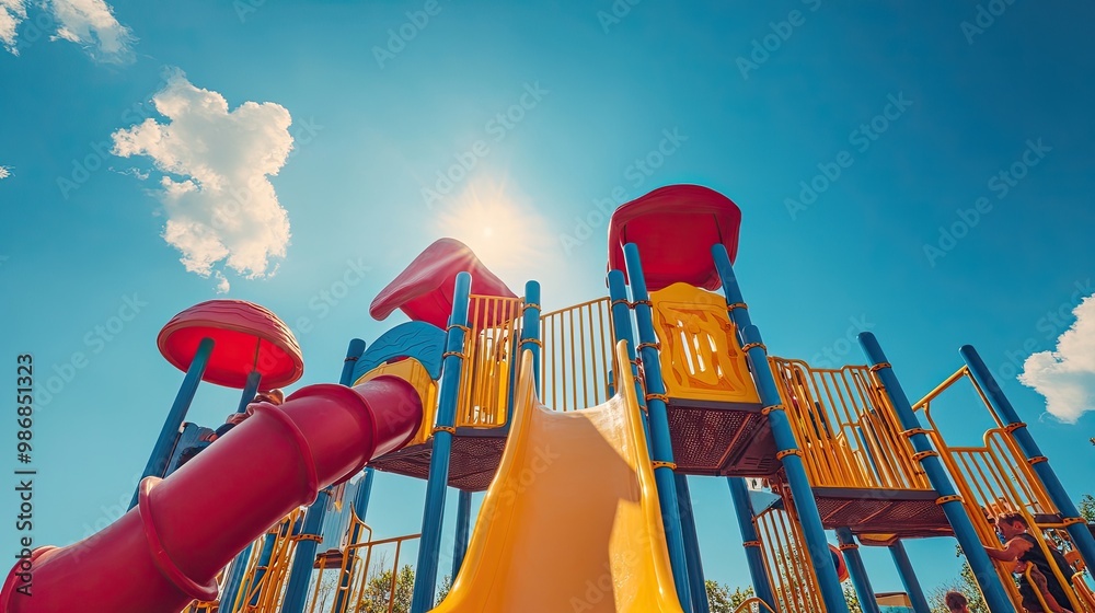 Outdoor playground fun with kids playing on jungle gyms and slides ...