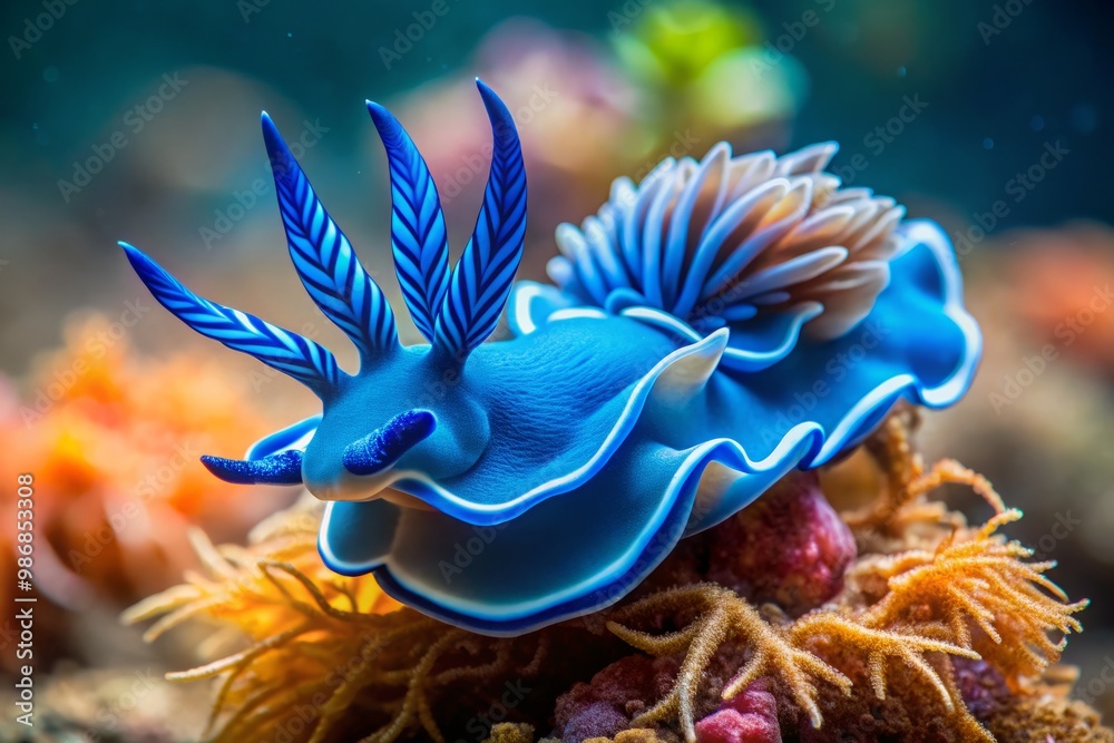 Vivid blue sea slug with ruffled appendages floating on the ocean's ...
