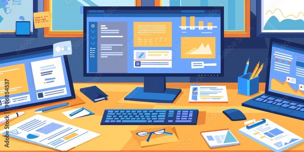 Workspace of a UX designer with multiple screens showing design ...