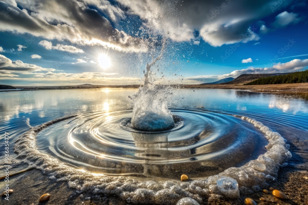 Water bursts forth from a hole in the ground, creating a swarm of ...