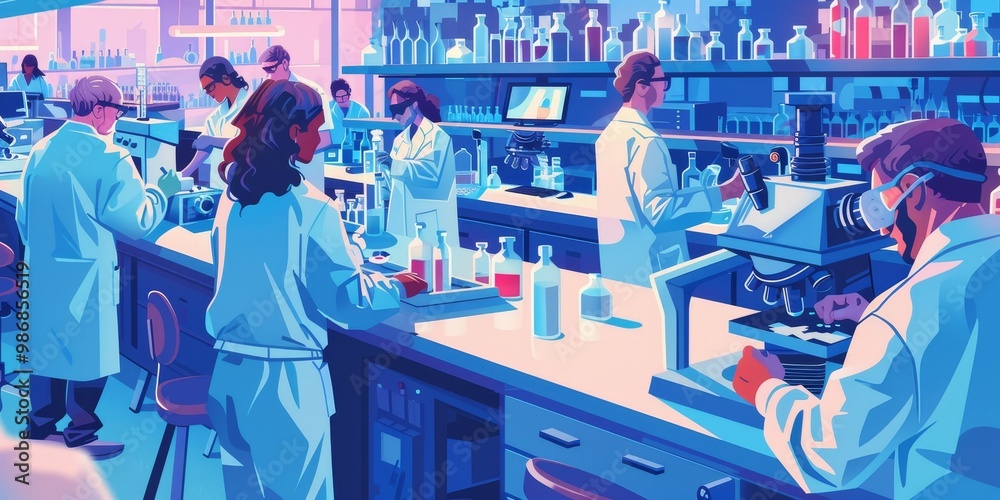 Detailed illustration of pharmaceutical researchers in a lab ...