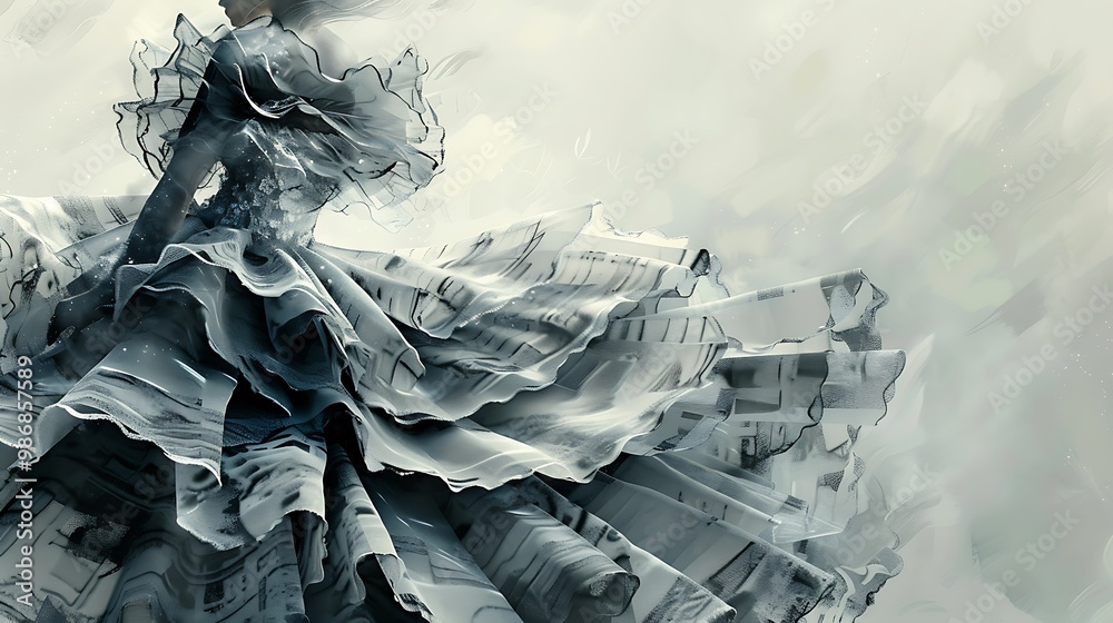A dynamic fashion drawing of a couture dress with dramatic ruffles and ...
