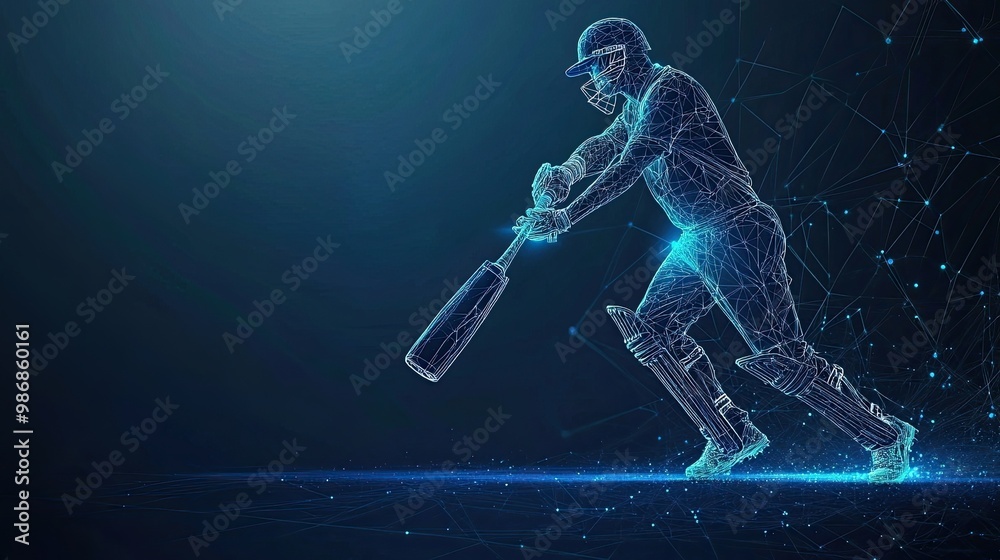 Digital Blue Low Poly Cricket Player with Glowing Data Streams: AI in ...