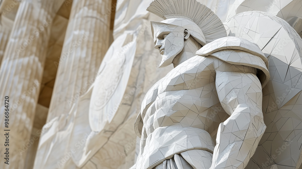 A sculpture of a Greek warrior in a futuristic style, with sharp ...