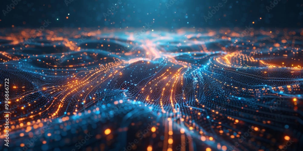 A futuristic digital roadmap depicted with glowing pathways and nodes ...