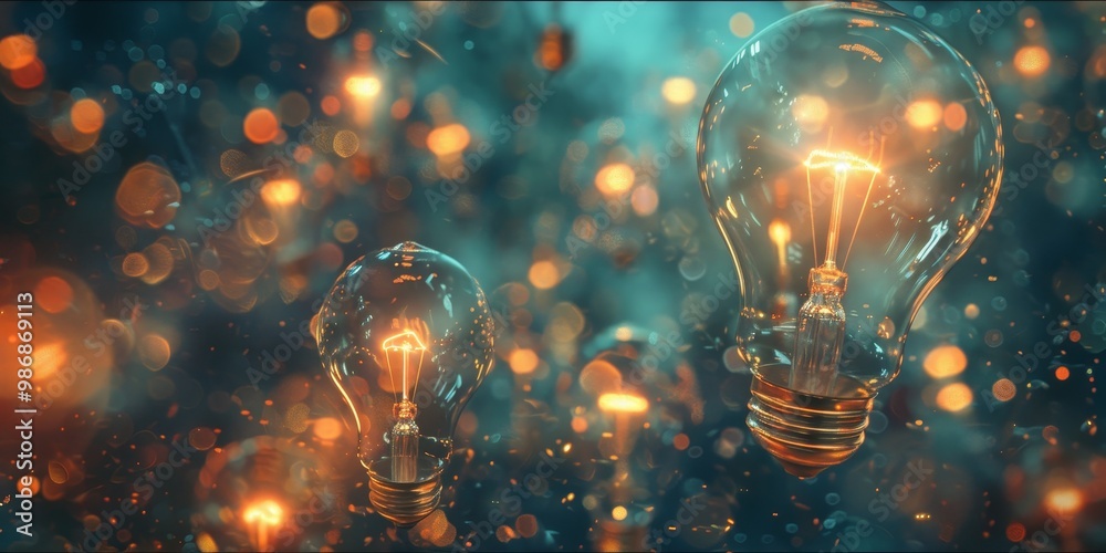 Ethereal arrangement of floating symbols, such as lightbulbs and ...