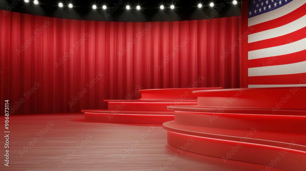 Red stage with tiered platform and US flag backdrop A bright red game ...