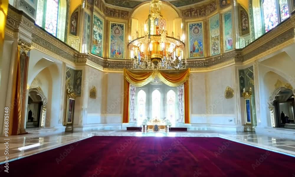 Walking in the throne hall in a majestic palace, with golden ...