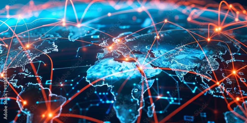 Digital representation of a WAN symbol bridging continents, with bright ...