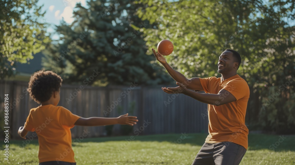 African American father and son playing catch with the ball in backyard ...