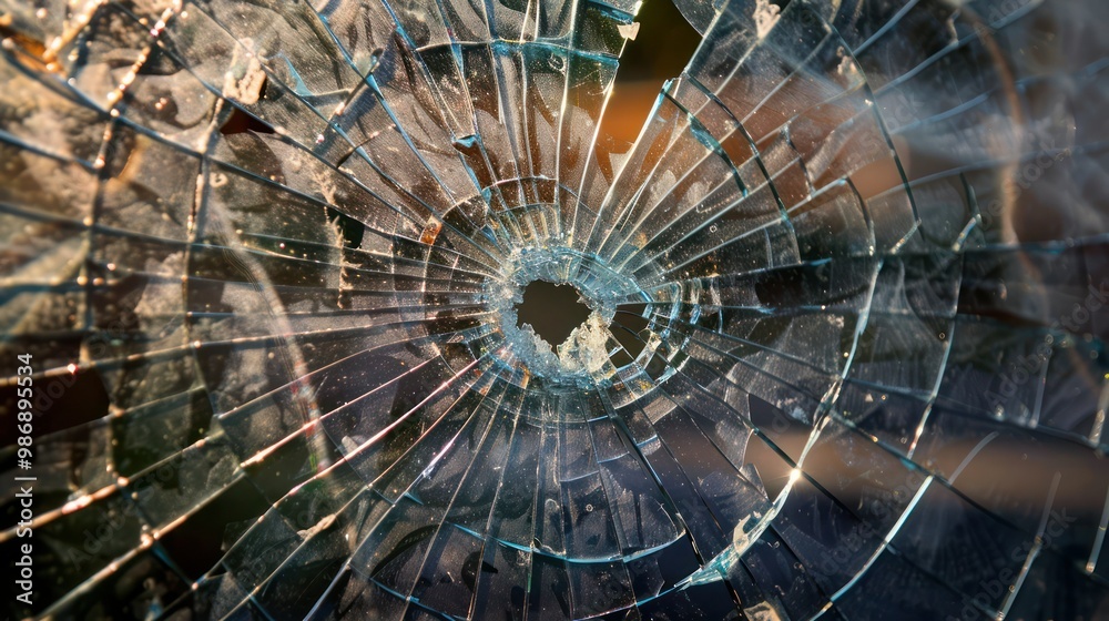 Cracked glass window with a focus on the central point of impact Stock ...