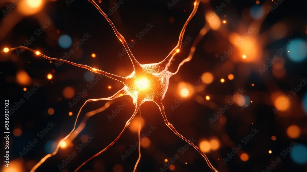 Abstract image of a neuron glowing with orange and blue colors ...