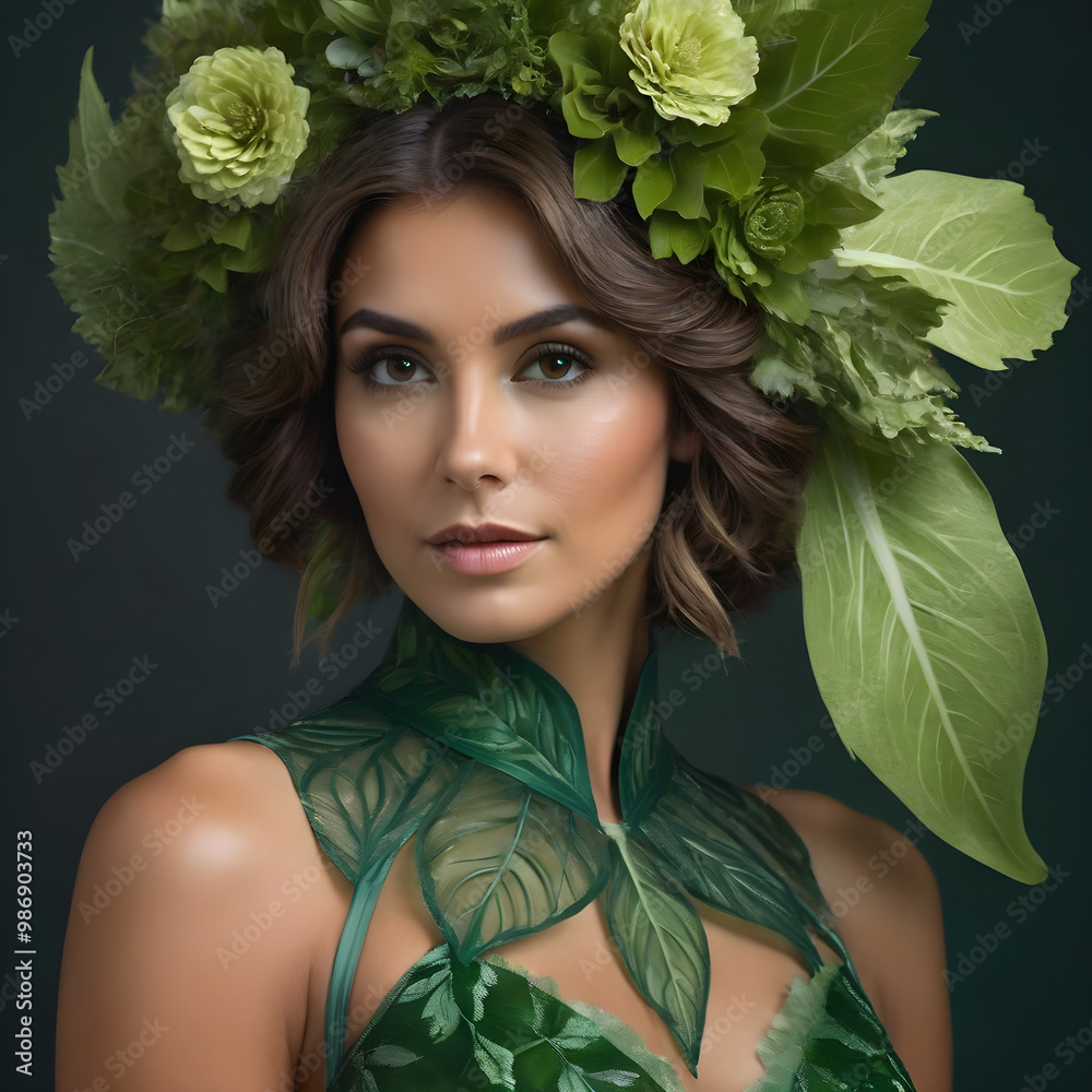 Get lost in the enchanting image of a woman in a green flora-inspired ...