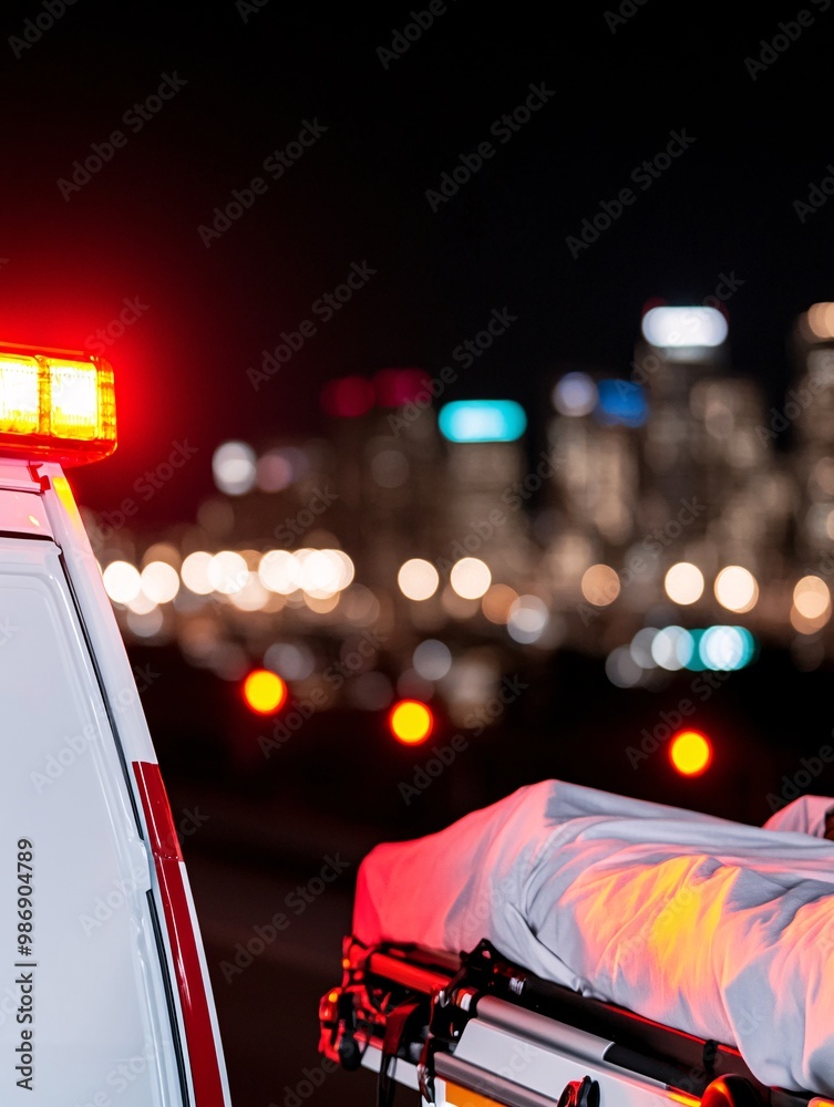 Candid moment of EMS crew loading a stretcher into an ambulance at night, city lights and ...