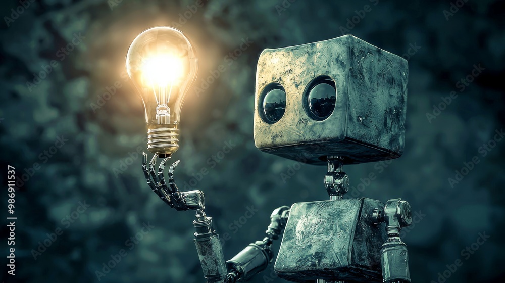 Humanoid robot with a paw in his hand on a black background. The ...