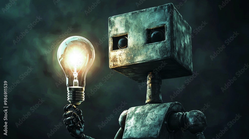 Humanoid robot with a paw in his hand on a black background. The ...