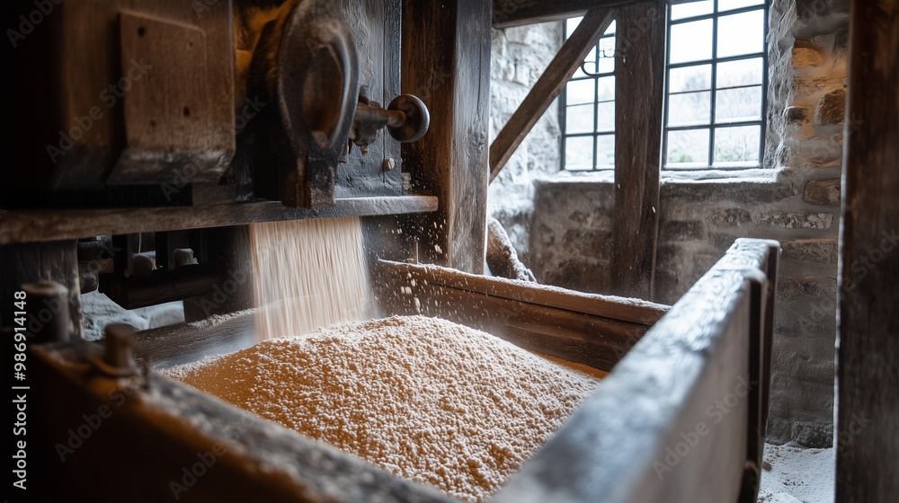 The process of grinding grain into flour in an old mill, with wooden ...