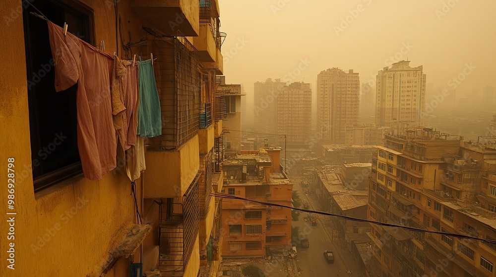 An urban residential area with clothes drying on a balcony, covered in ...