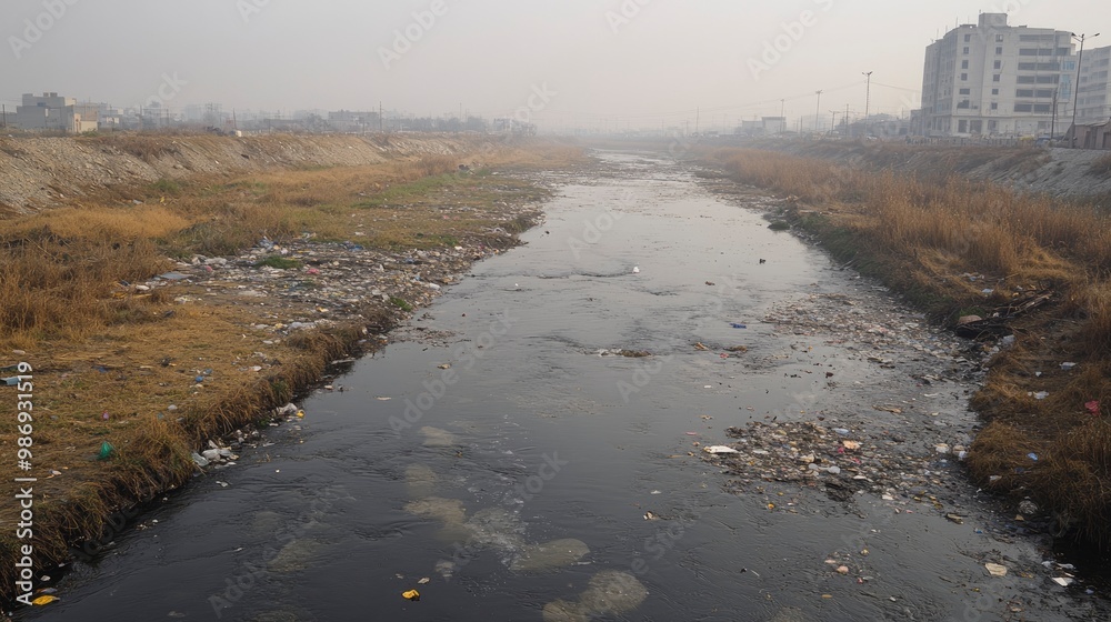 A polluted river with visible floating debris and a greyish haze ...