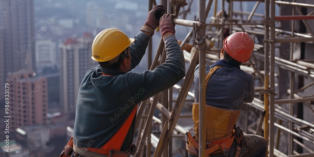 Two workers with helmets work on high-rise scaffolding, securing ...