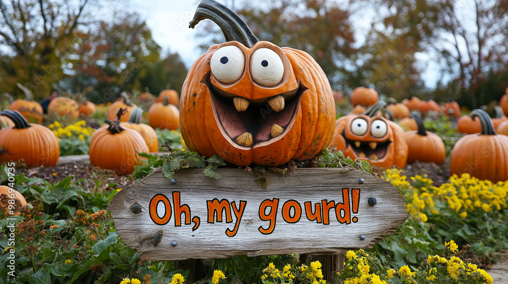 Crazy pumpkin character with expressive faces and Oh my gourd text ...