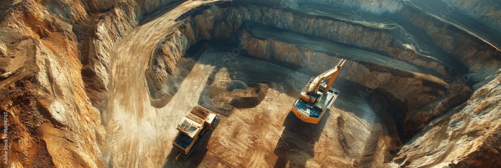 An aerial view of an excavator and dump truck working in an open pit ...