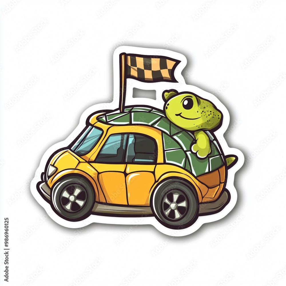 Cute cartoon turtle driving a yellow car with a checkered flag. Stock ...