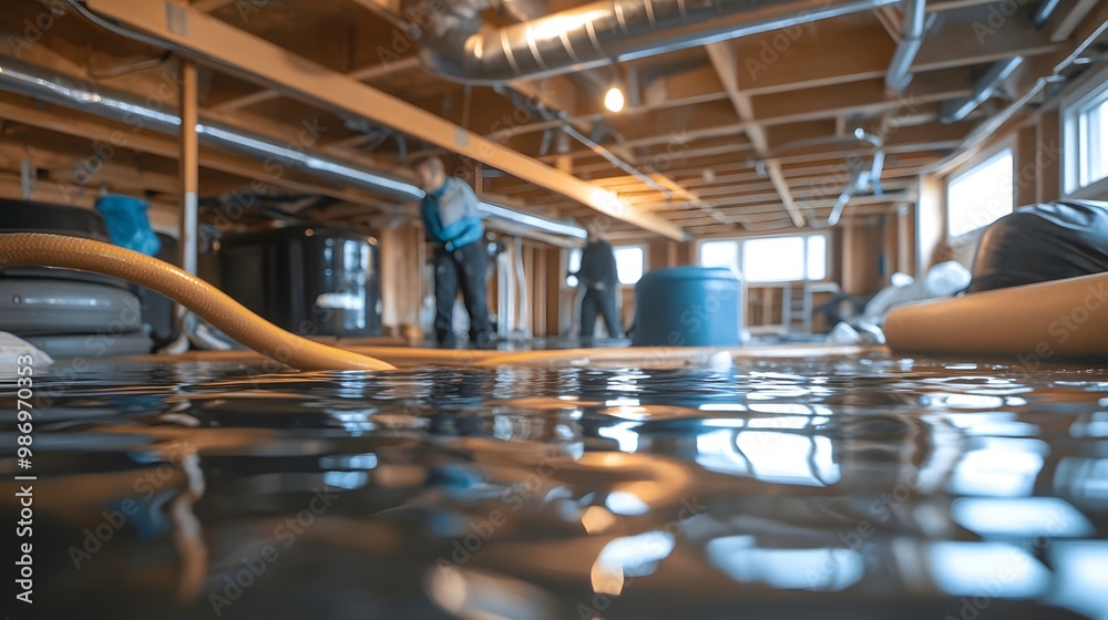 Repair of a flooded basement from snowmelt or a pipe burst, showing ...