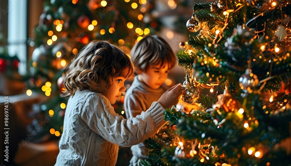 Festive family moments decorating a lush Christmas tree, filled with ...