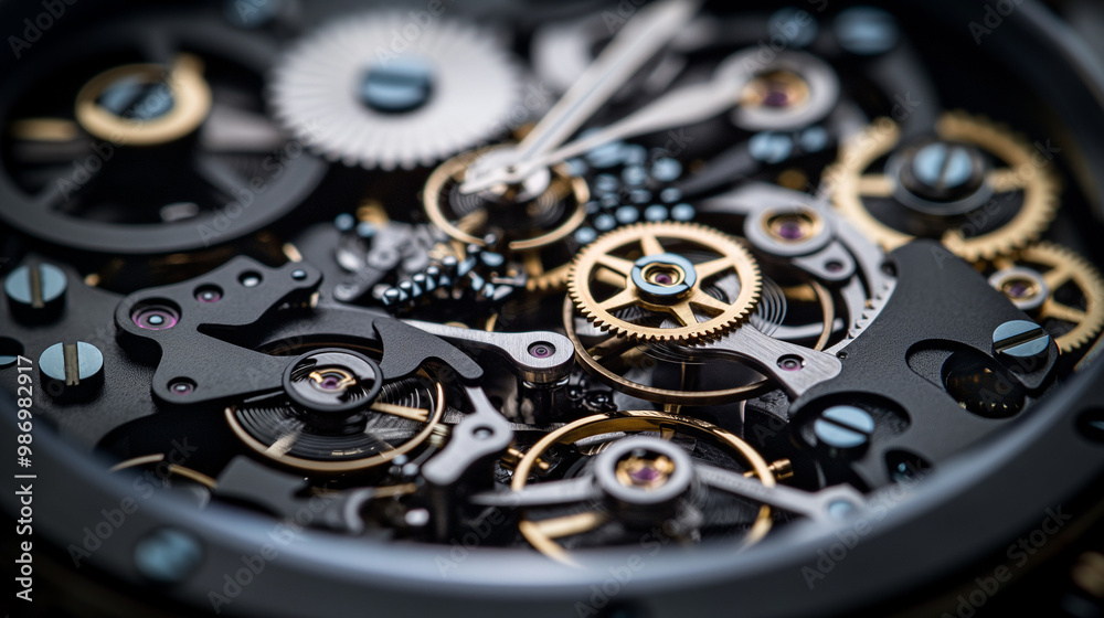 Intricate dismantled mechanical watch with detailed gears and springs ...