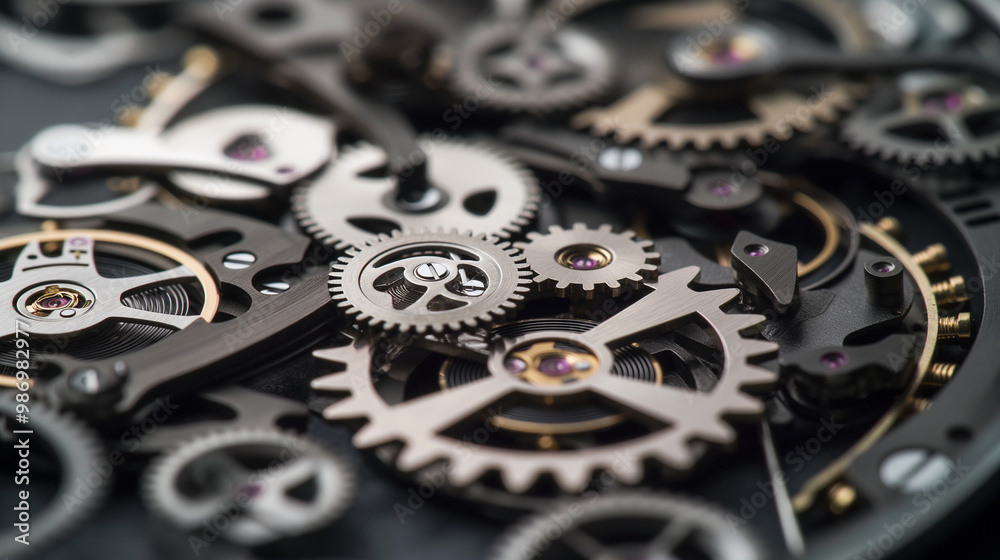 Intricate dismantled mechanical watch with detailed gears and springs ...