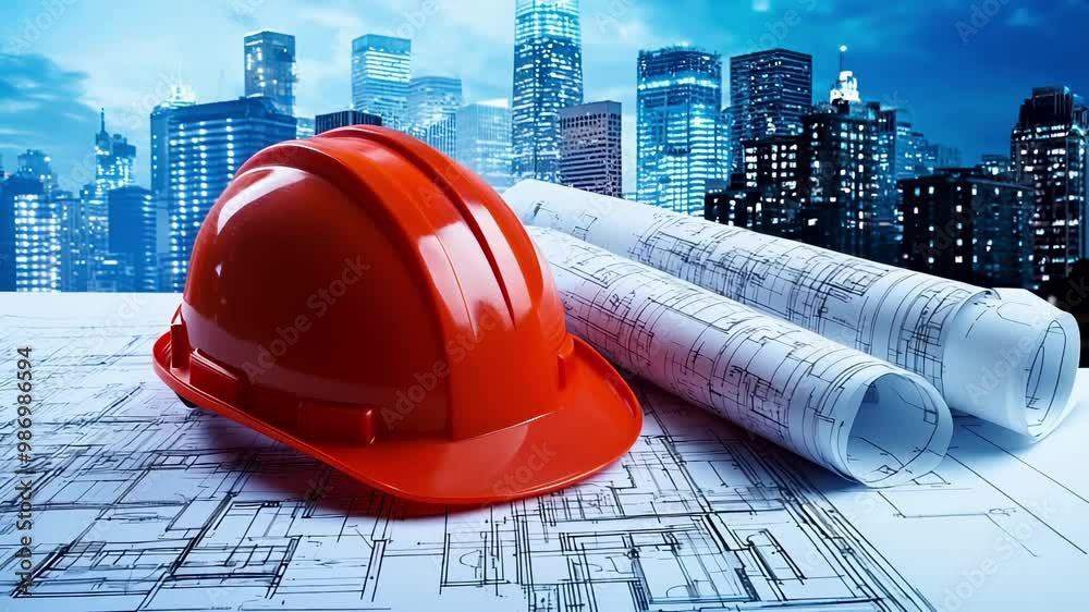 Construction helmet and blueprints background modern city. Architect ...