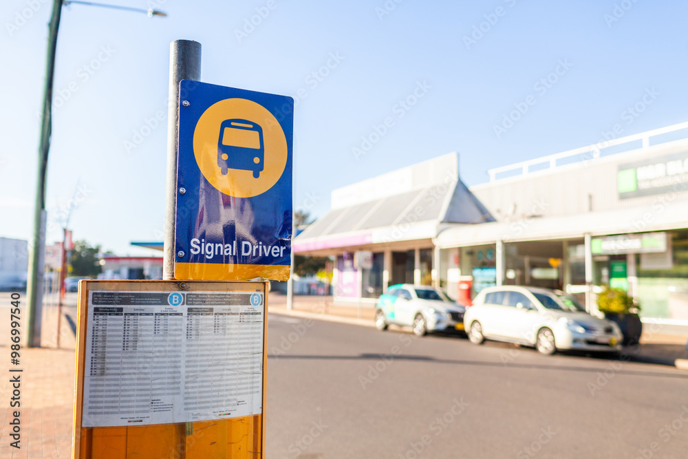 Signal driver bus route sign and timetable beside road downtown Stock ...