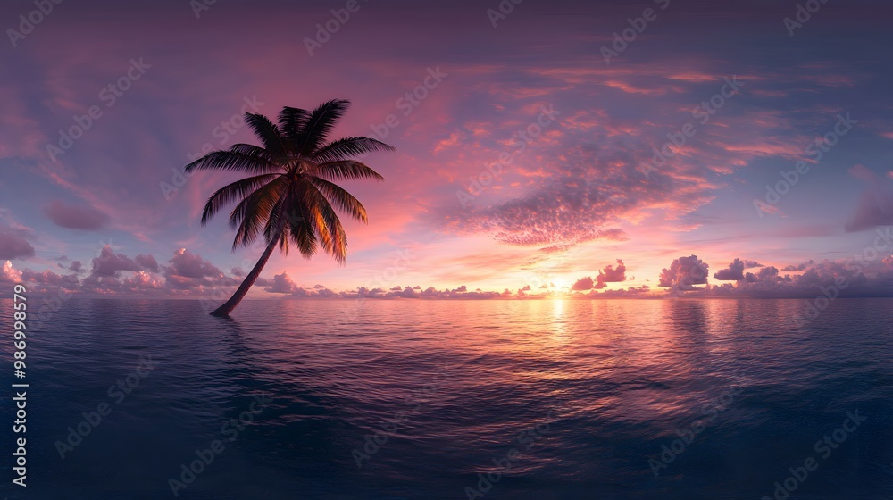 Tropical island with a palm tree at sunset, shown as a 360-degree HDRI ...