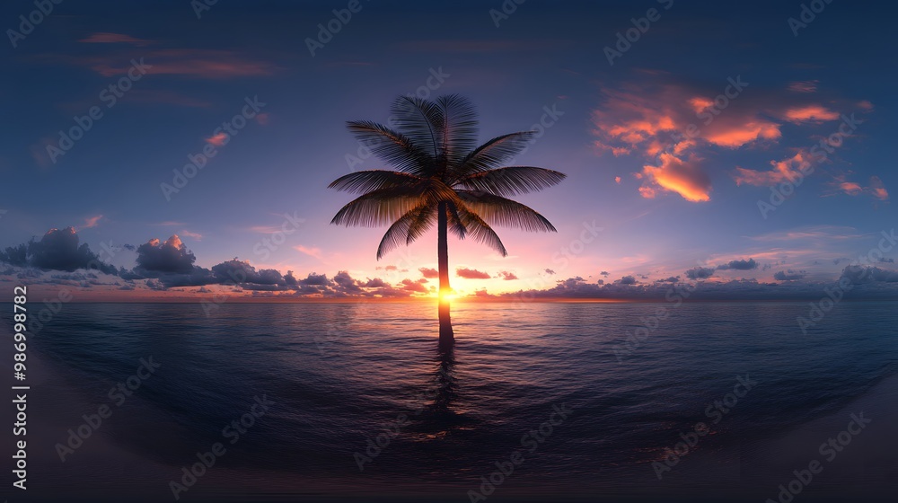 Tropical island with a palm tree at sunset, shown as a 360-degree HDRI ...