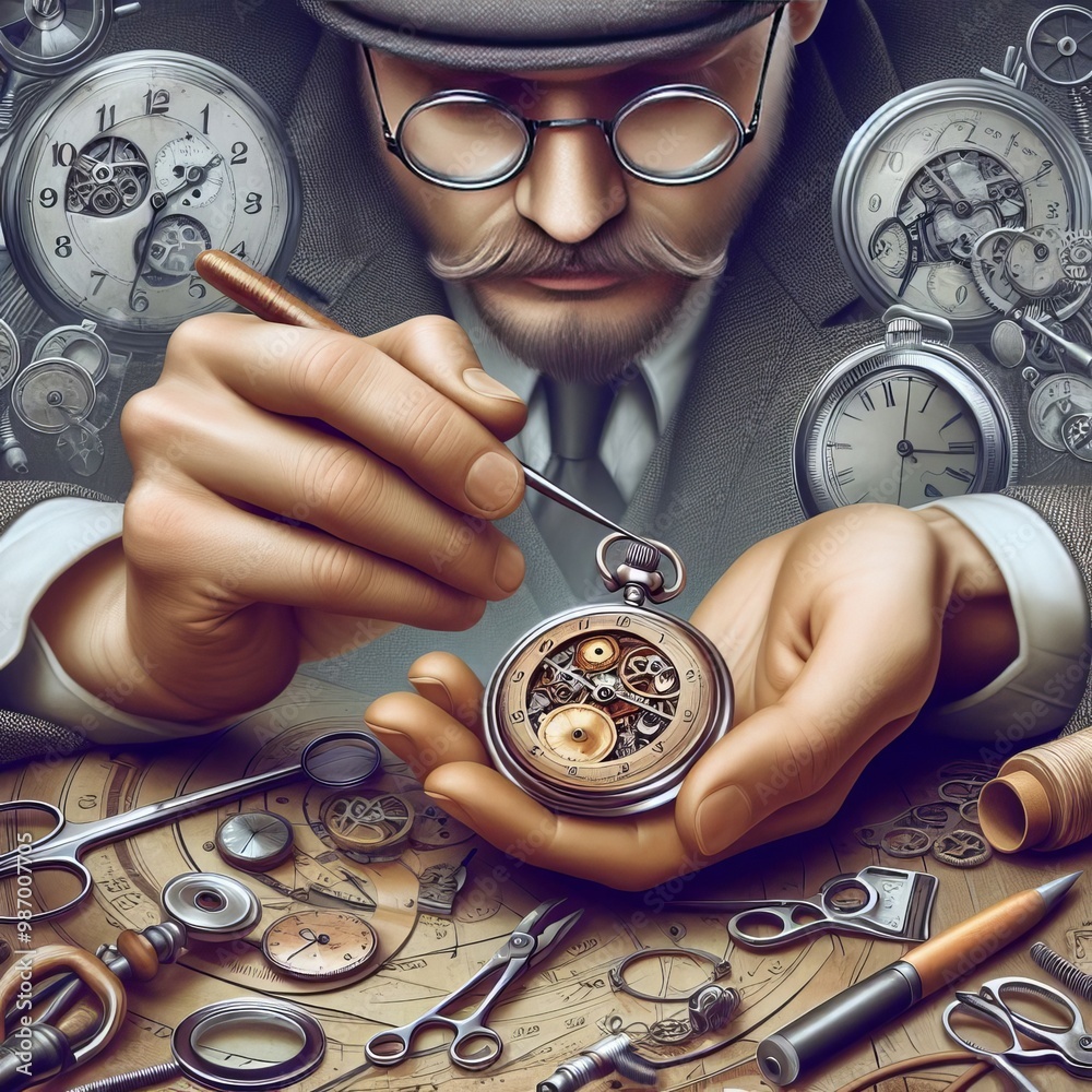 A finely detailed vintage-style illustration featuring a watchmaker ...