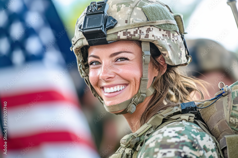 Bright Smile of Courage. A cheerful Caucasian woman in military helmet ...